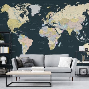 Dark Navy Political World Map Wallpaper | Peel and Stick Mural - Etsy