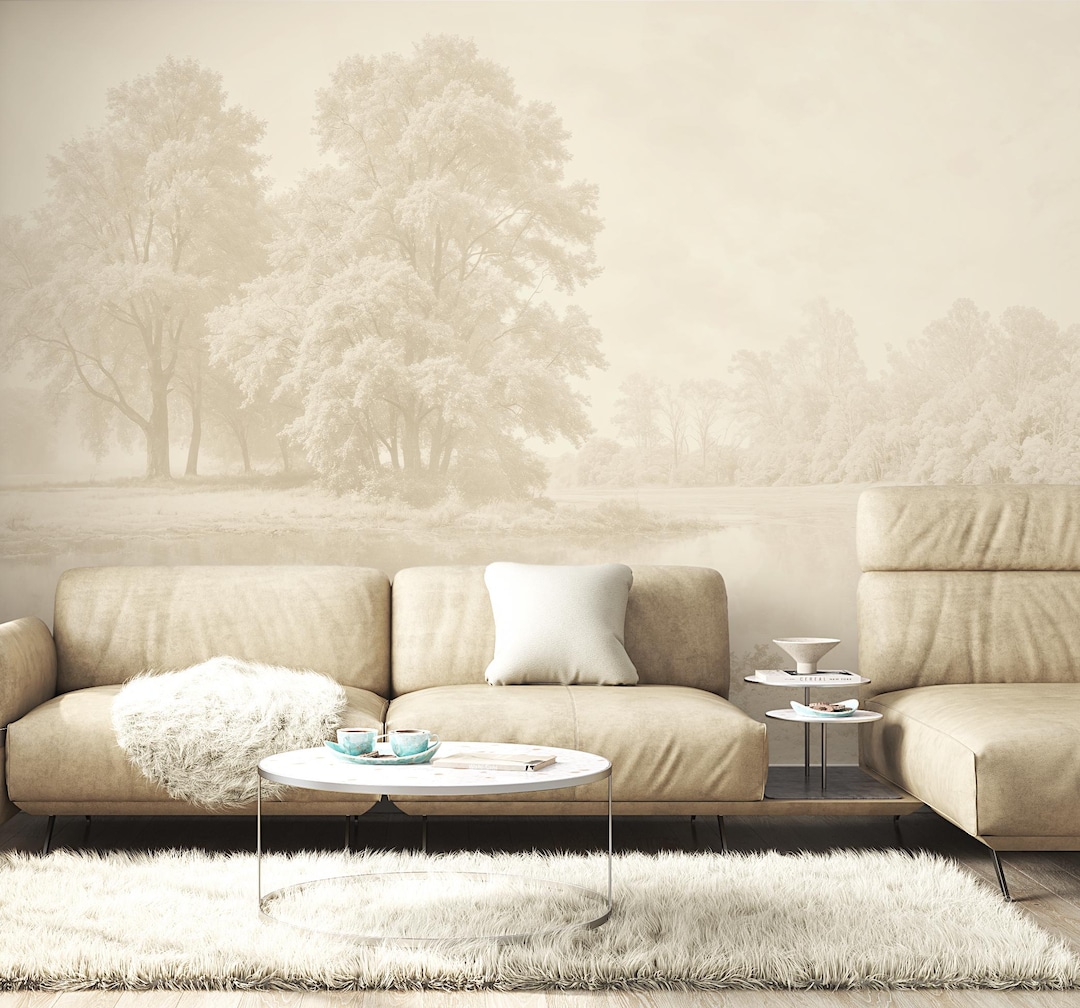 Neutral Forest Wallpaper Mural | Cream Beige River Landscape (peel and ...