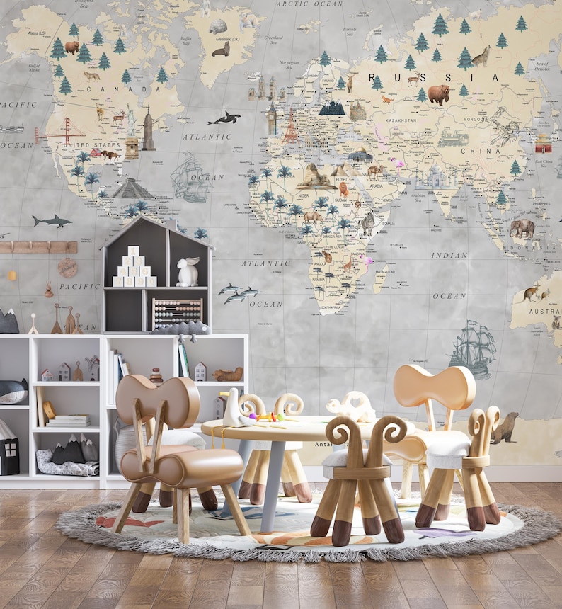 Neutral Animal World Map Wallpaper | Kids' Nursery Decor - Etsy