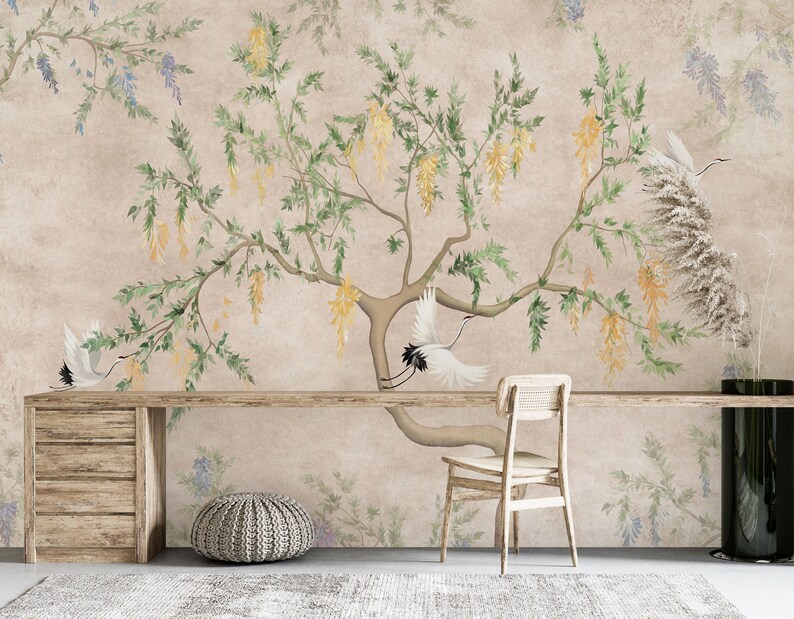 Chinoiserie Wallpaper Flowering Tree Wallpaper Flying Cranes - Etsy