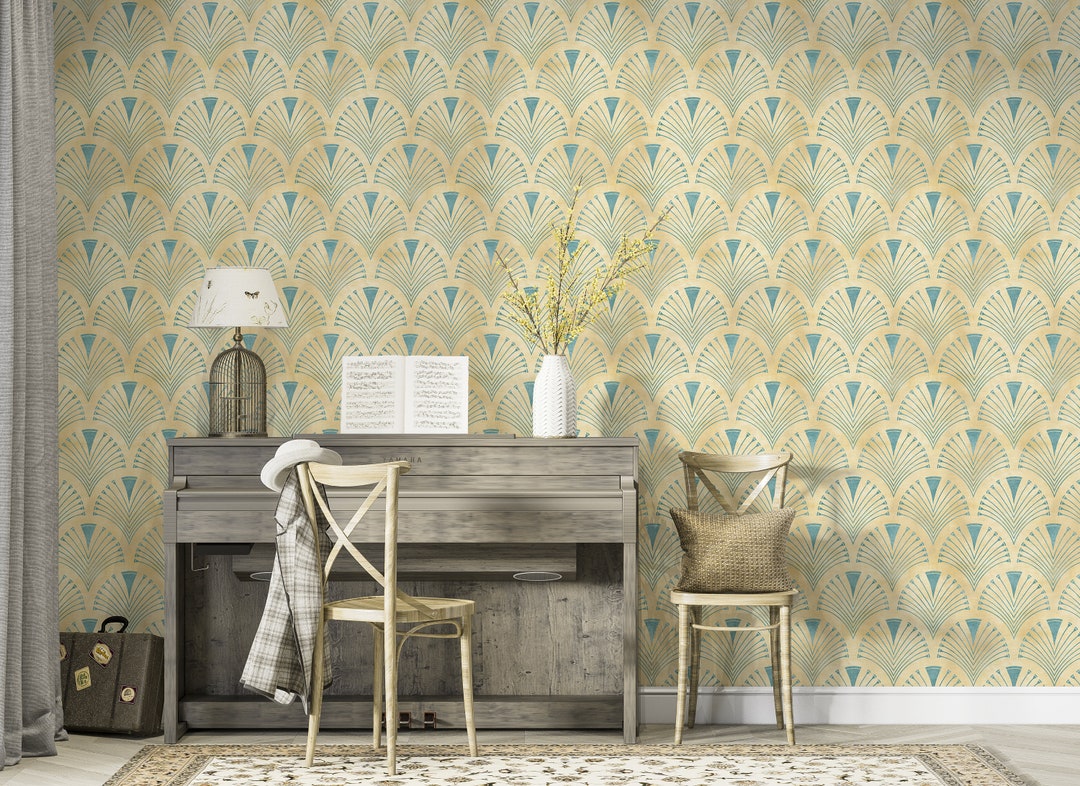 Art Deco Wallpaper, Yellow Background Blue Shapes Wallpaper ...