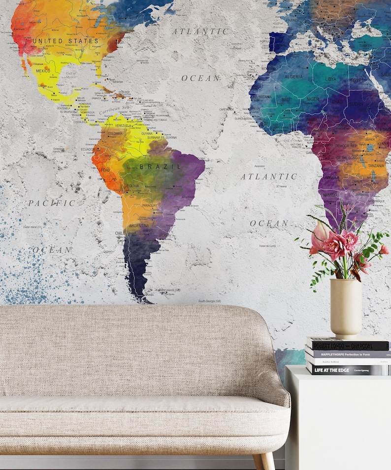 Colorful World Map Wall Mural | Watercolor Continent Design | Removable ...
