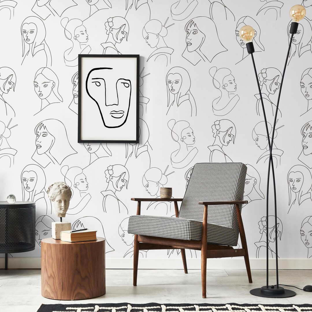Minimalist Line Art Face Wallpaper | Peel and Stick or Traditional ...