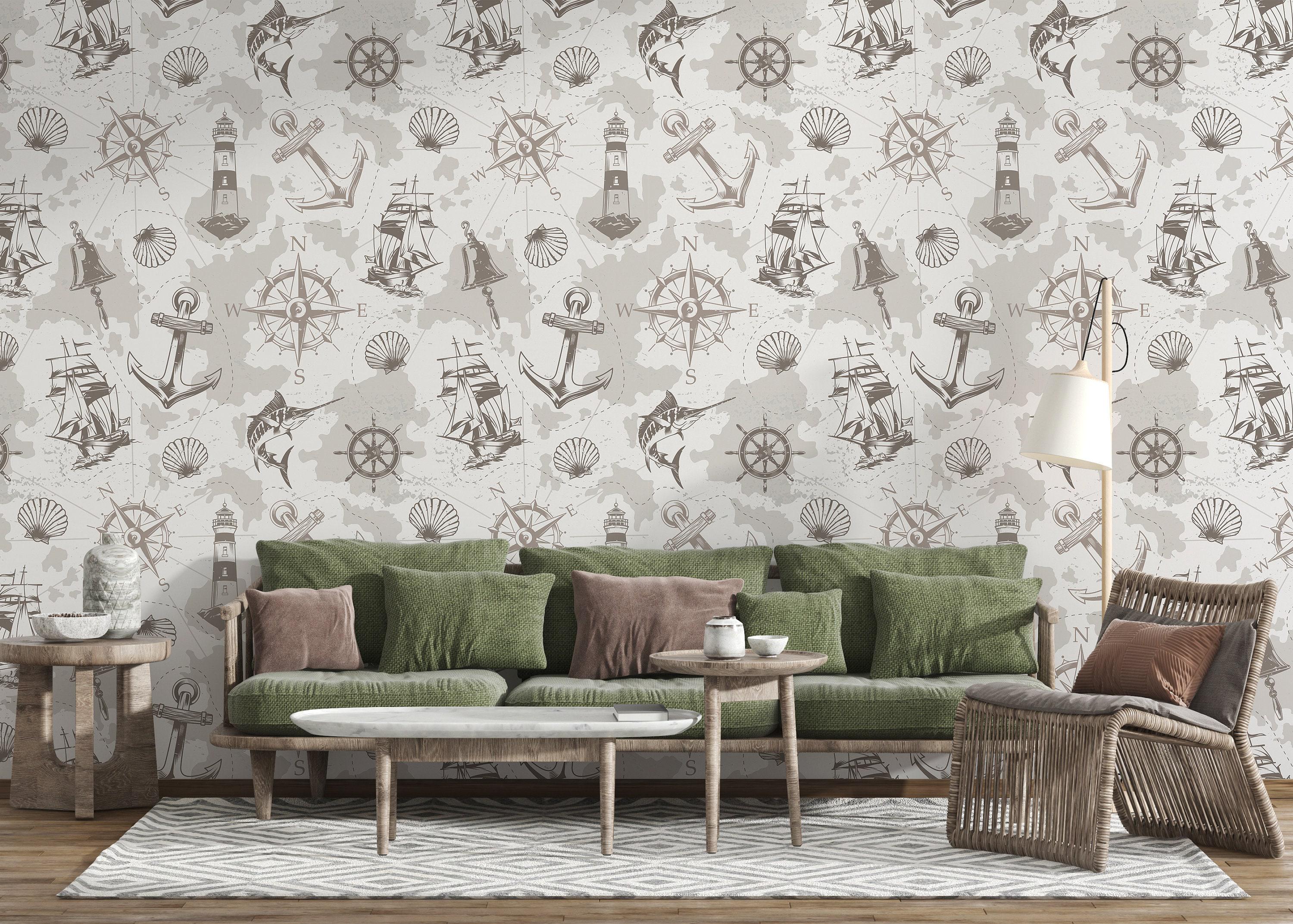 Vintage Nautical Wallpaper - Compass, Anchor, Ships - Peel and Stick or ...