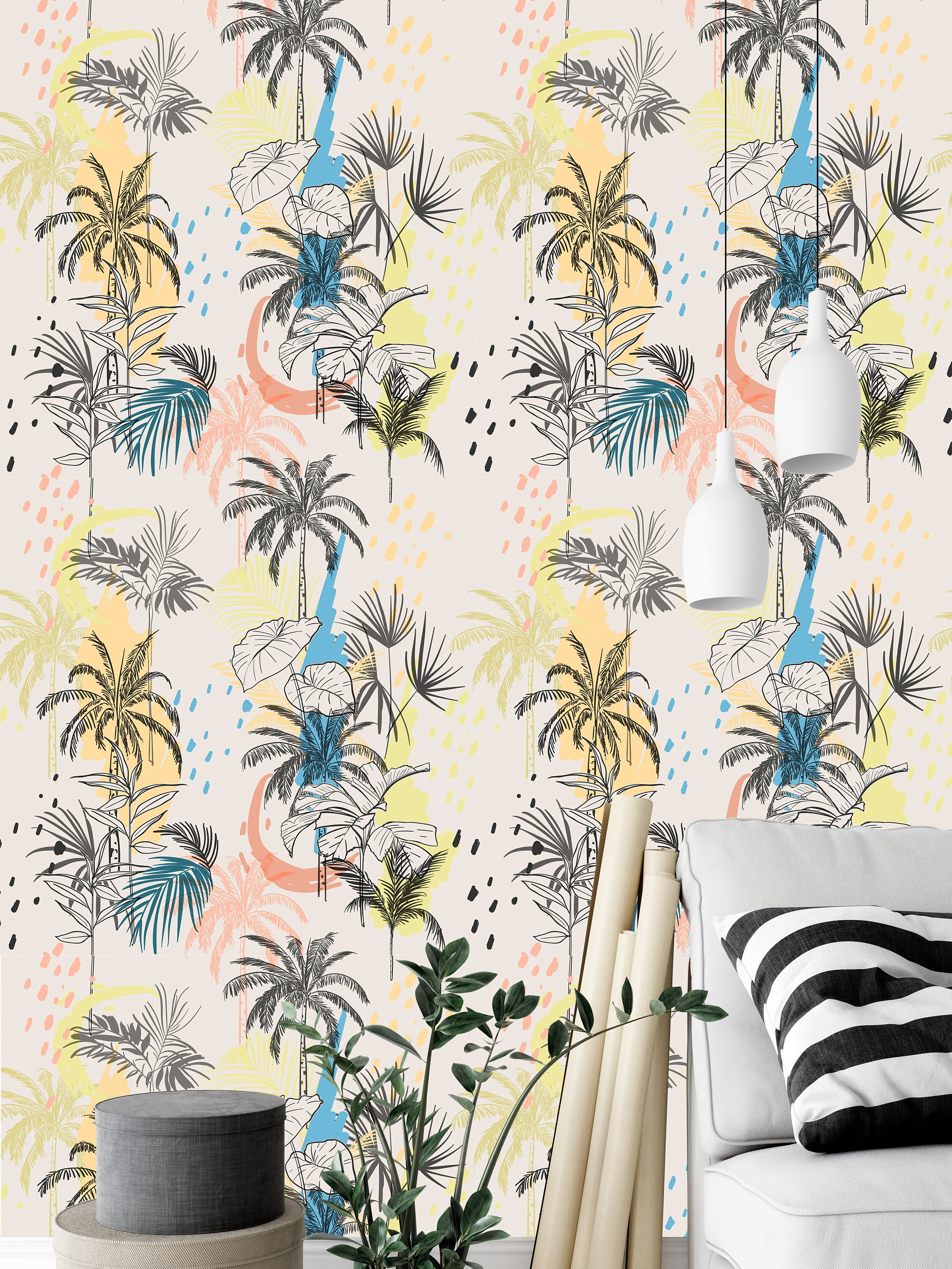 Palm Trees Leaves Pattern Wallpaper Tropical Wallpaper Self | Etsy