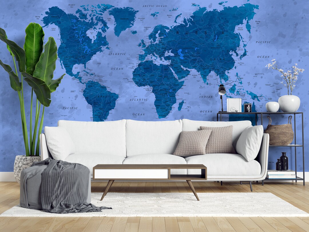 Customized Large World Map Wallpaper Blue Watercolor World Map Mural ...
