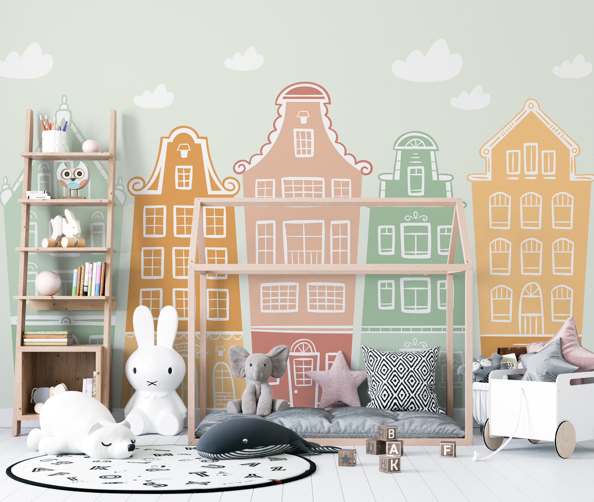 Kids Wallpaper Colorful Houses Landscape Wallpaper Pink | Etsy