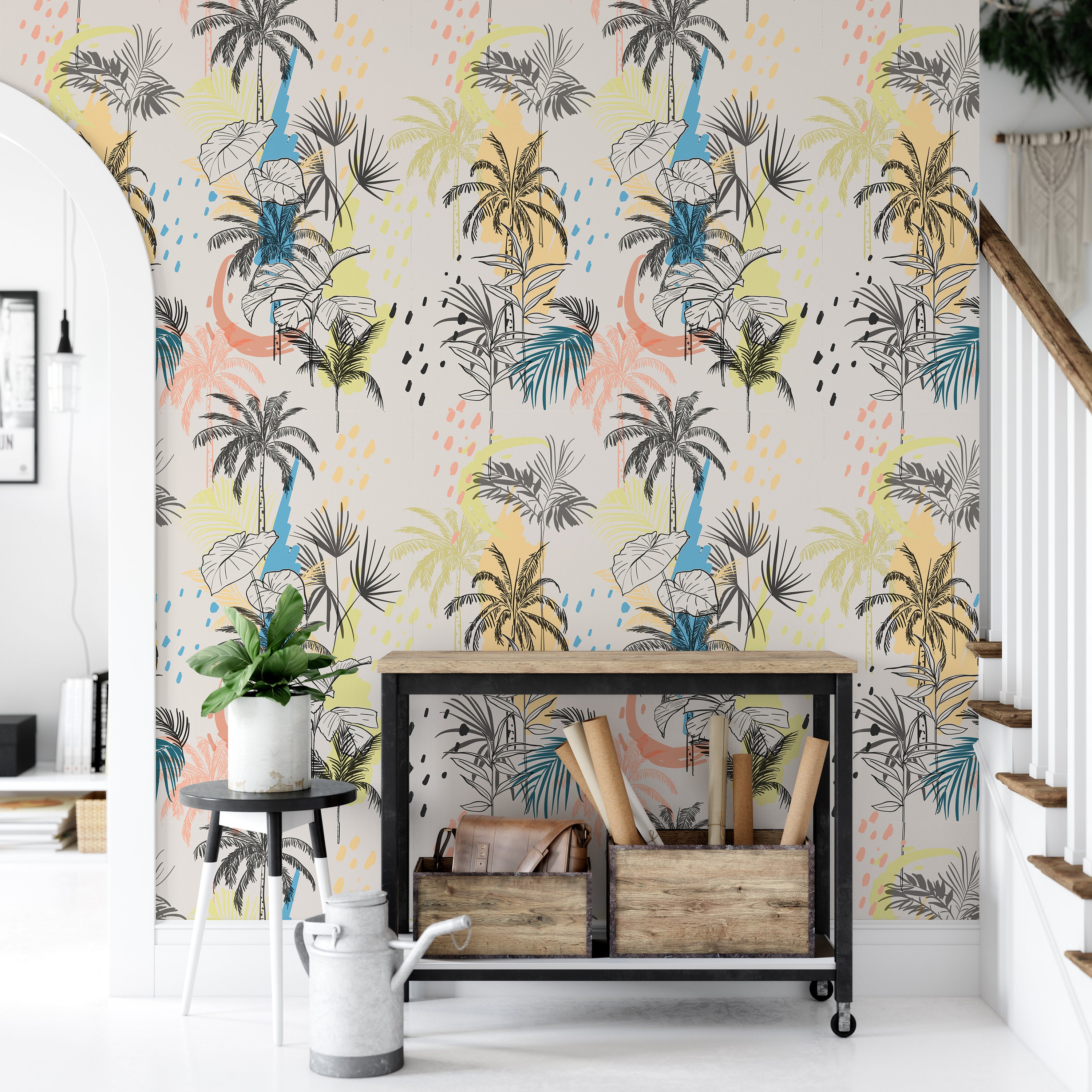 Palm Trees Leaves Pattern Wallpaper Tropical Wallpaper Self | Etsy