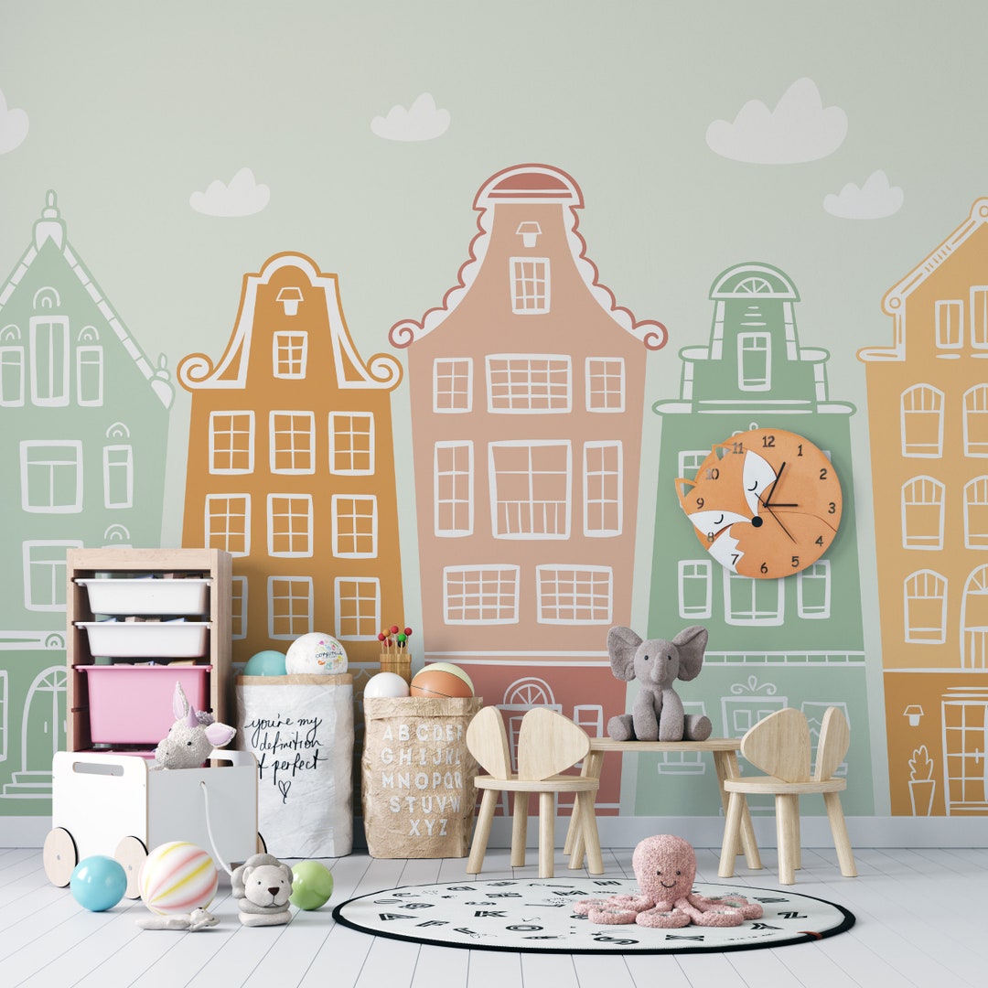 Kids Wallpaper, Colorful Houses Landscape Wallpaper, Pink Green Yellow ...