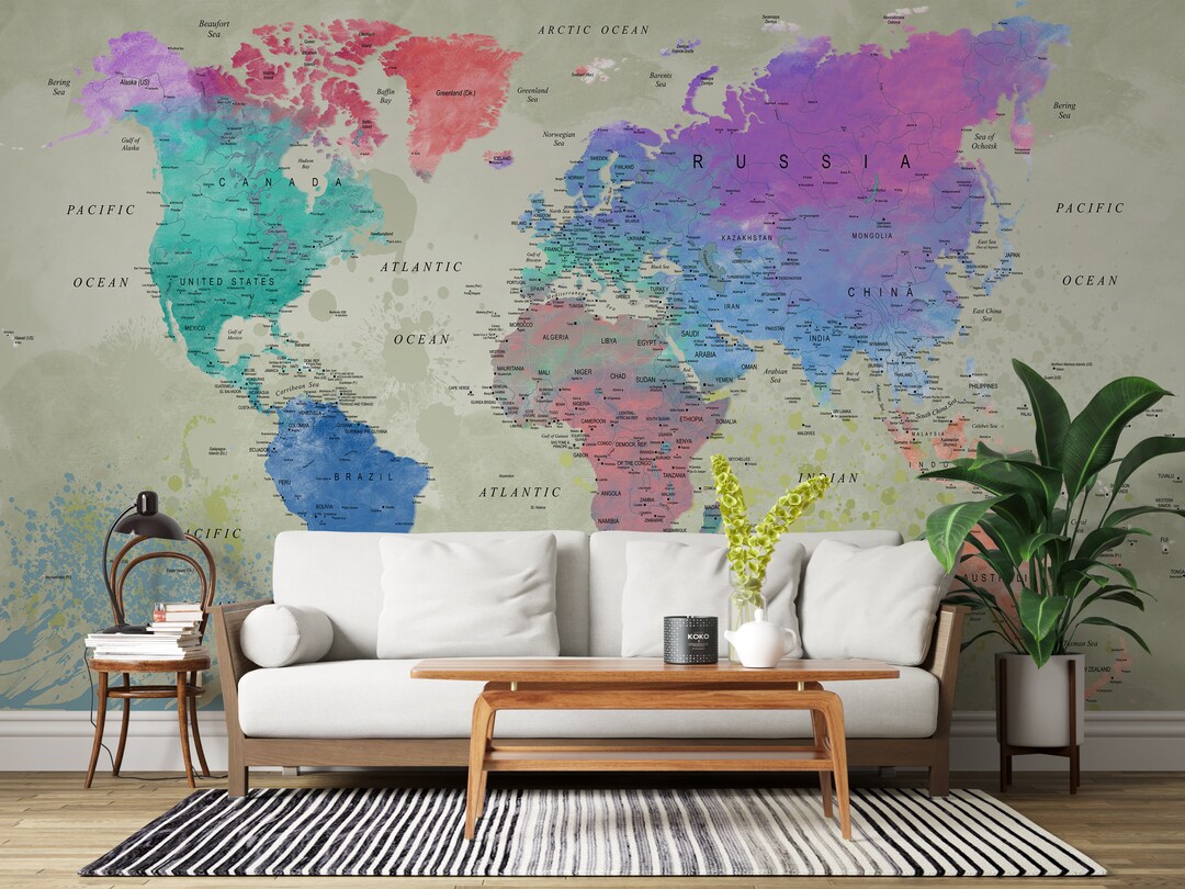 Customized Large World Map Wall Decal World Map Wallpaper World Map ...