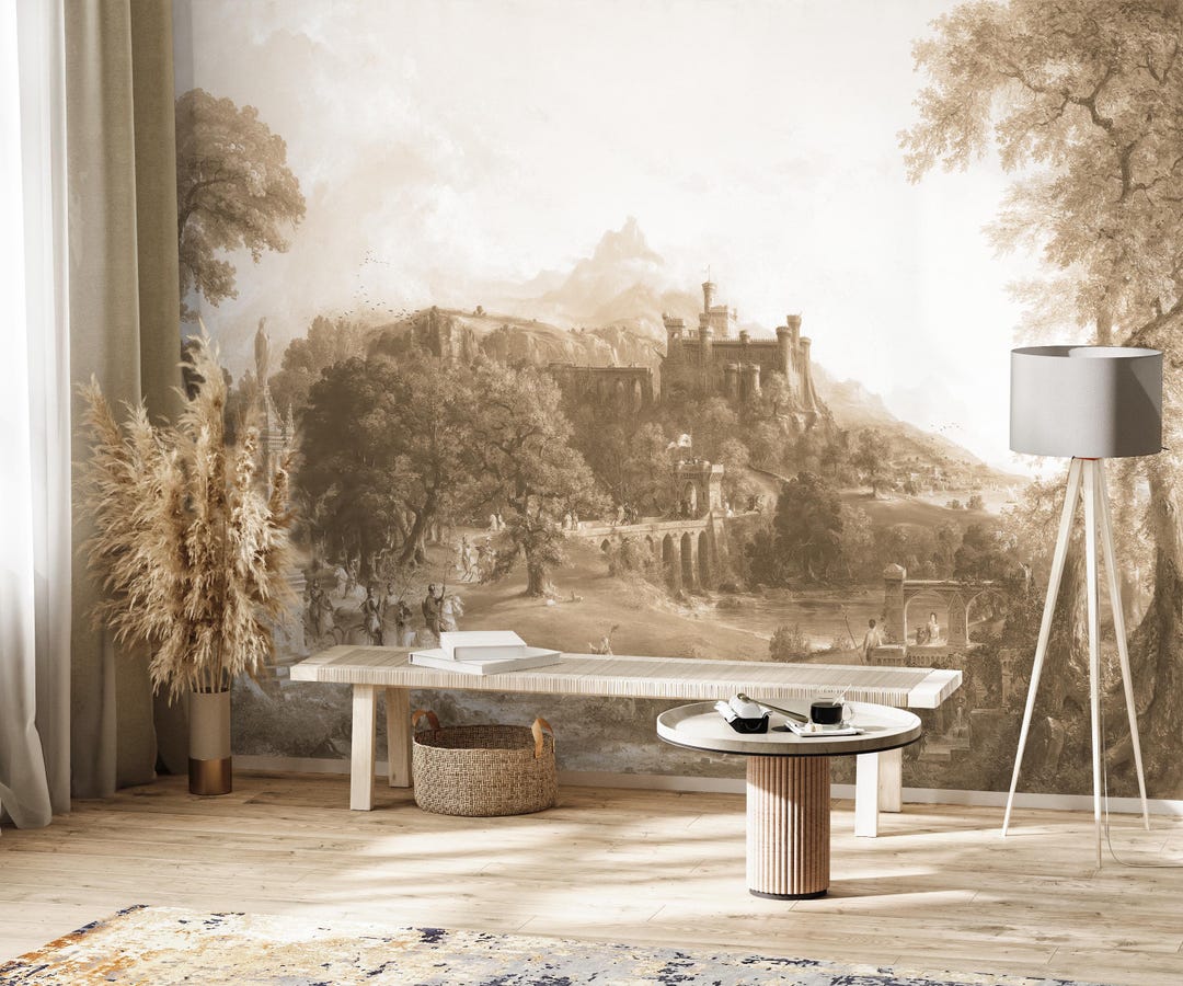 Sepia Castle Wallpaper, Vintage Landscape Mural, Antique Etching, Peel ...