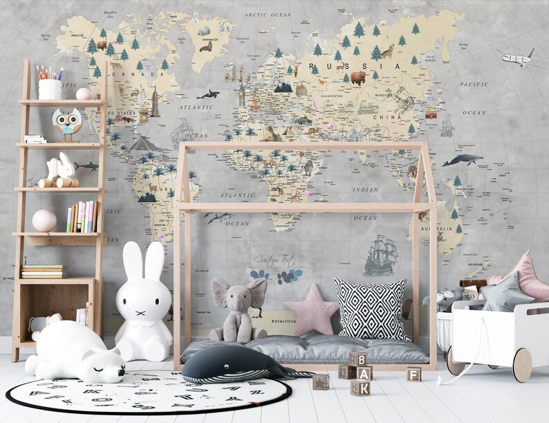 Neutral Animal World Map Wallpaper | Kids' Nursery Decor - Etsy