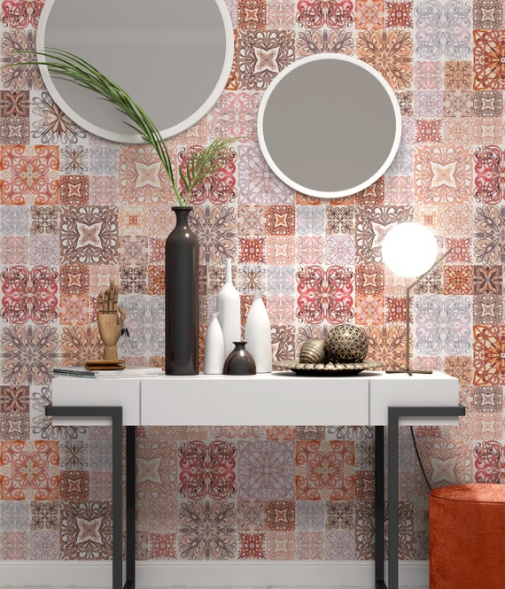 Watercolor Tiles Wallpaper Colorful Ethnic Pattern Wallpaper | Etsy