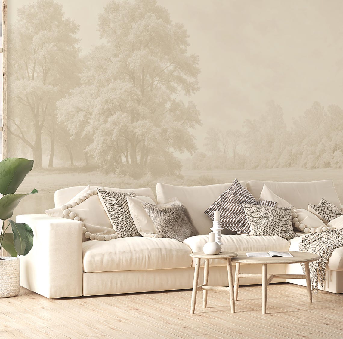 Neutral Forest Wallpaper Mural | Cream Beige River Landscape (peel and ...