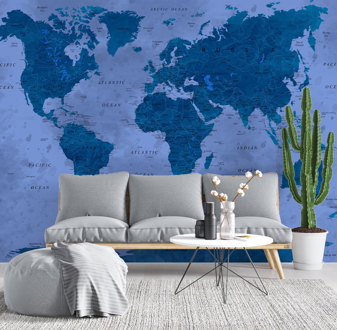 Customized Large World Map Wallpaper Blue Watercolor World Map | Etsy