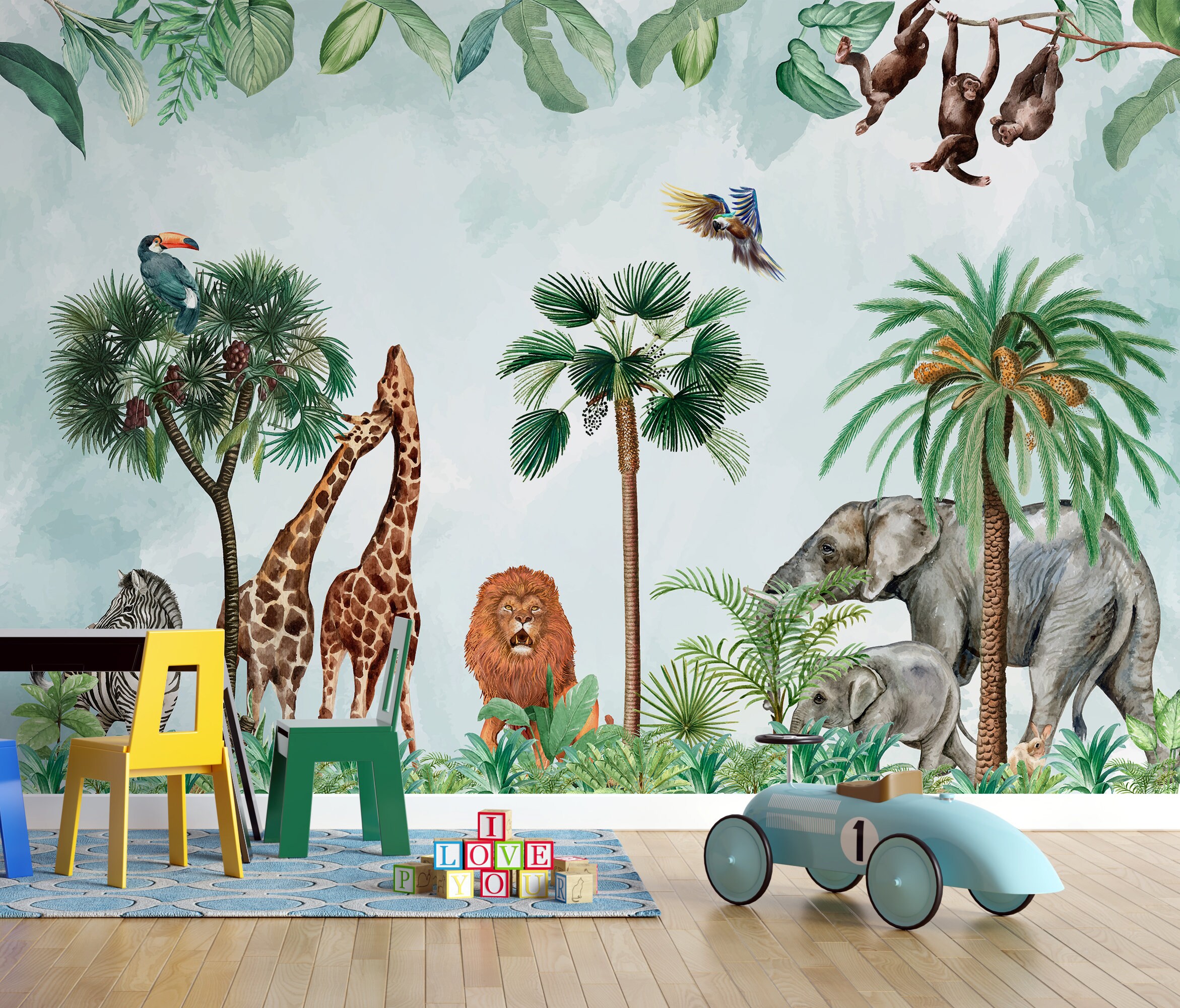 Tropical Forest Wall Mural Exotic Animals Wallpaper Nursery | Etsy