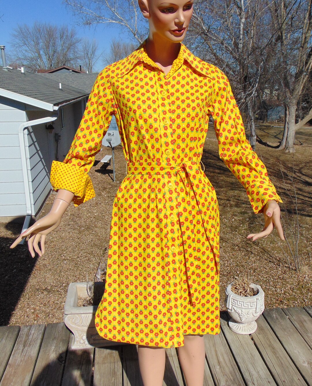Vtg 70s Serbin Muriel Ryan Johnny Appleseeds Yellow Floral Cotton Shirt ...