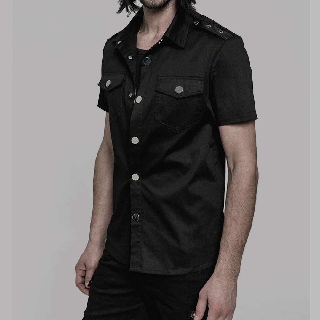 Mens Gothic Punk Military Style Short Sleeve Shirt, Gothic Shirt, Mens ...