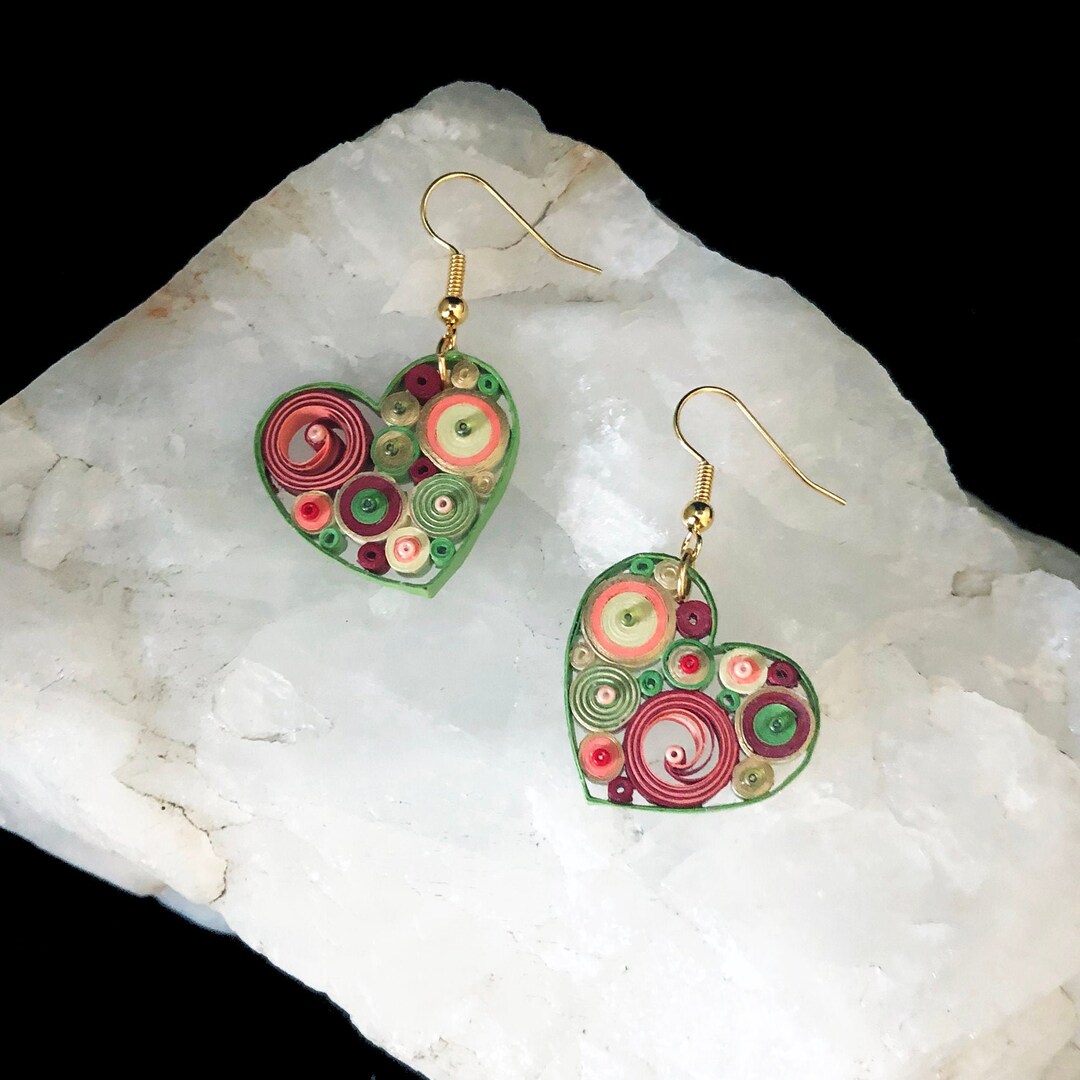 Earrings, Hearts: Paper, Quilled (curled and Shaped), in Green, Red ...