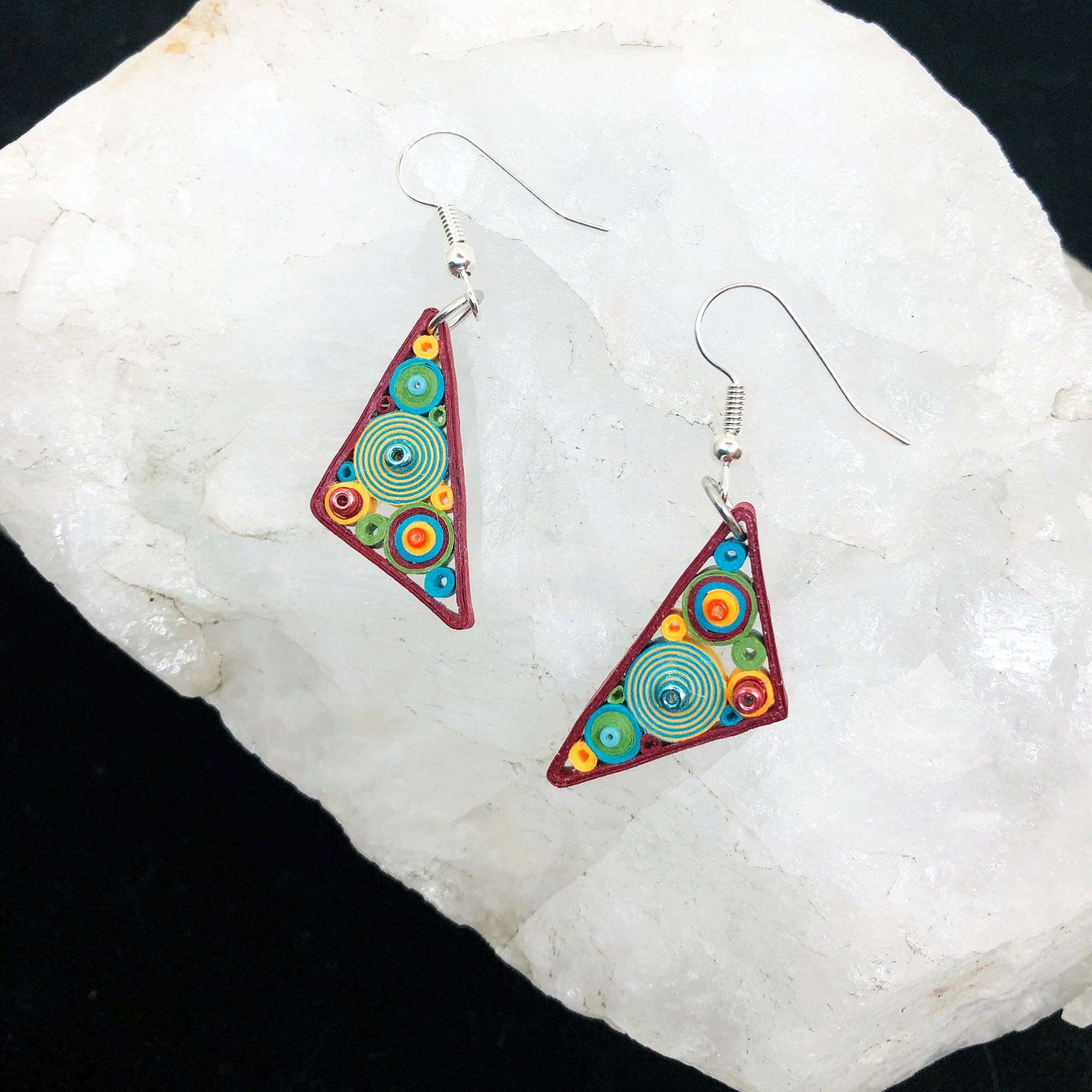 Earrings, Triangle: Paper, Quilled (curled and Shaped), in Red, Green ...