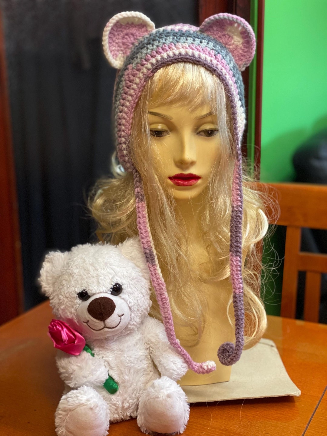 Crochet Bear Hat, Bear Ear Hat, Crochet Pinky Bear Ears Hat, Crochet Handmade Hat, Adult Bear ...