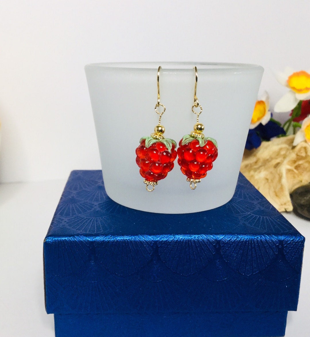 Wild Raspberry Bead Gold Filled Earrings - Handmade Lampwork Glass ...