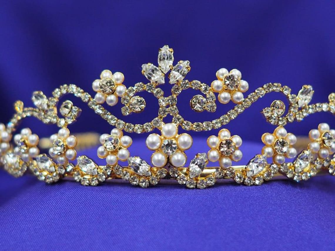 Gold Pearl Rhinestone Floral Flower Tiara for Wedding Prom | Etsy