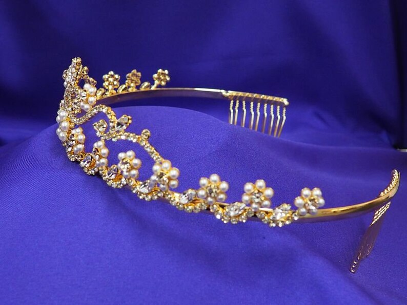 Gold Pearl Rhinestone Floral Flower Tiara for Wedding Prom - Etsy