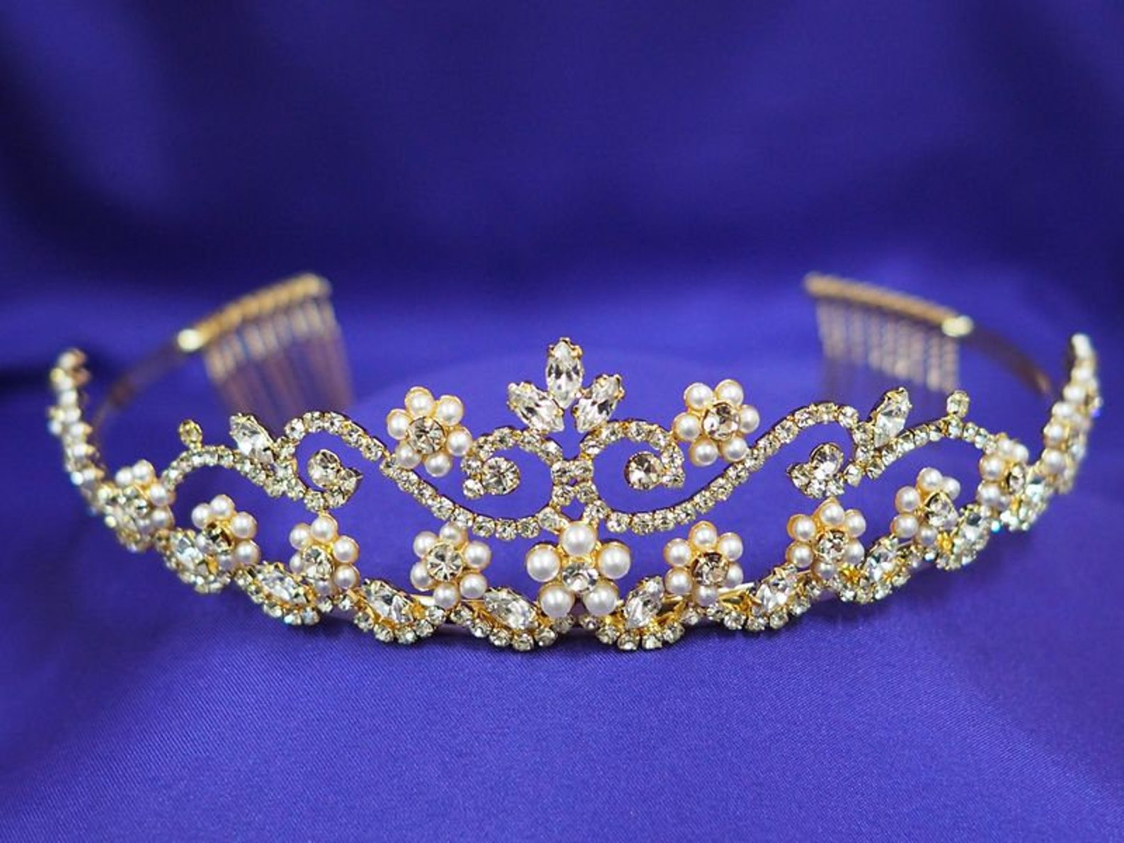 Gold Pearl Rhinestone Floral Flower Tiara for Wedding Prom - Etsy