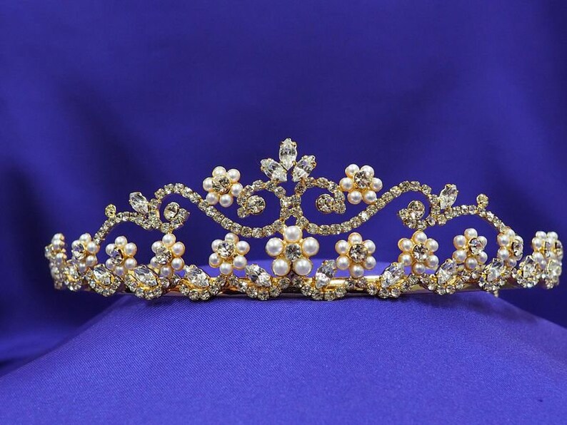 Gold Pearl Rhinestone Floral Flower Tiara for Wedding Prom - Etsy