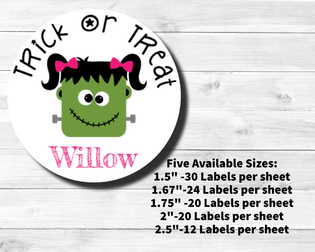 Halloween Labels Stickers Trick or Treat Bag Girl Frankenstein Happy ...