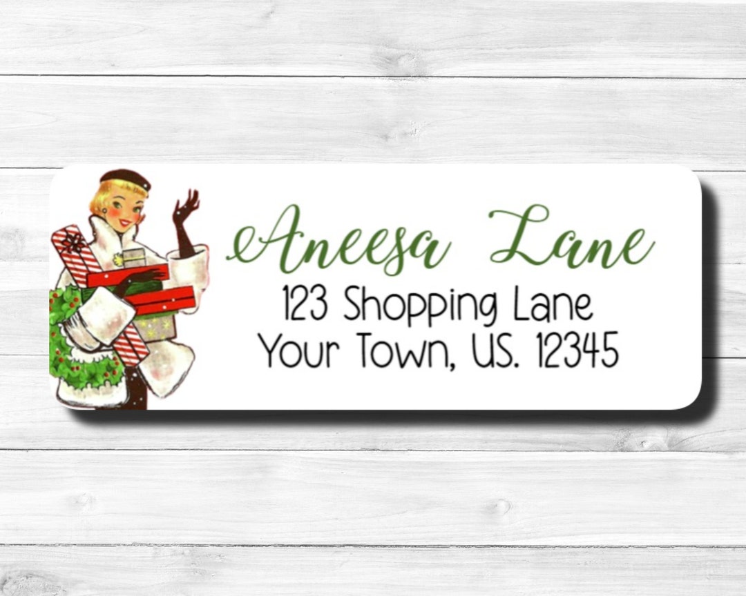 Vintage Christmas Shopping Lady With Wreath Gifts Presents Retro ...