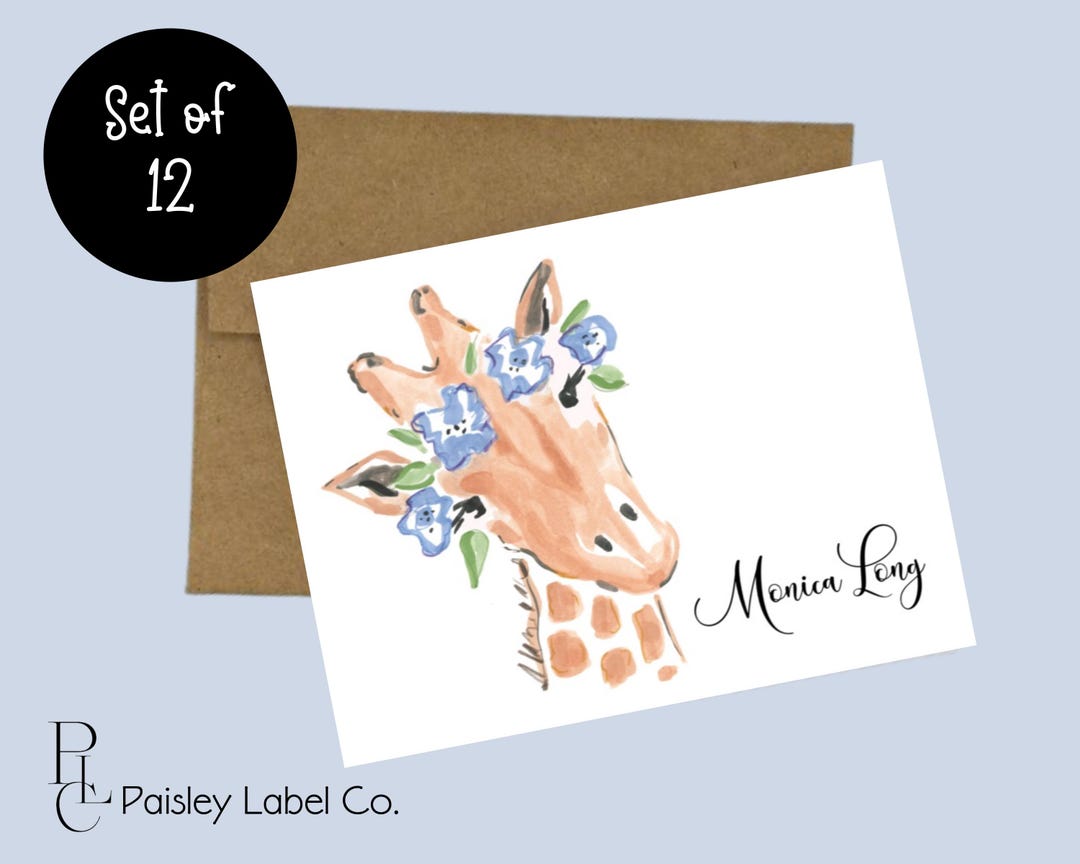 Watercolor Giraffe Flower Giraffe Animal Print Notecard Note Card Personalized Custom Stationery ...