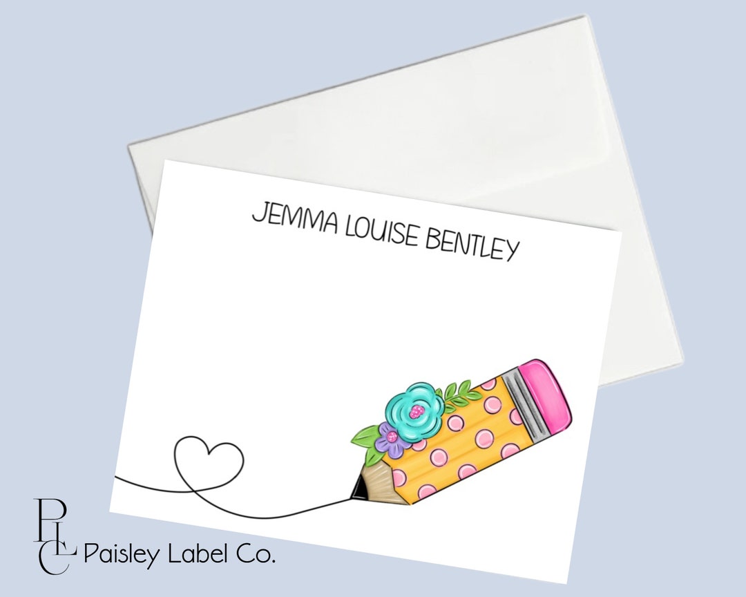 Personalized Notecards Note Cards for Kids Pencil Flower Heart ...