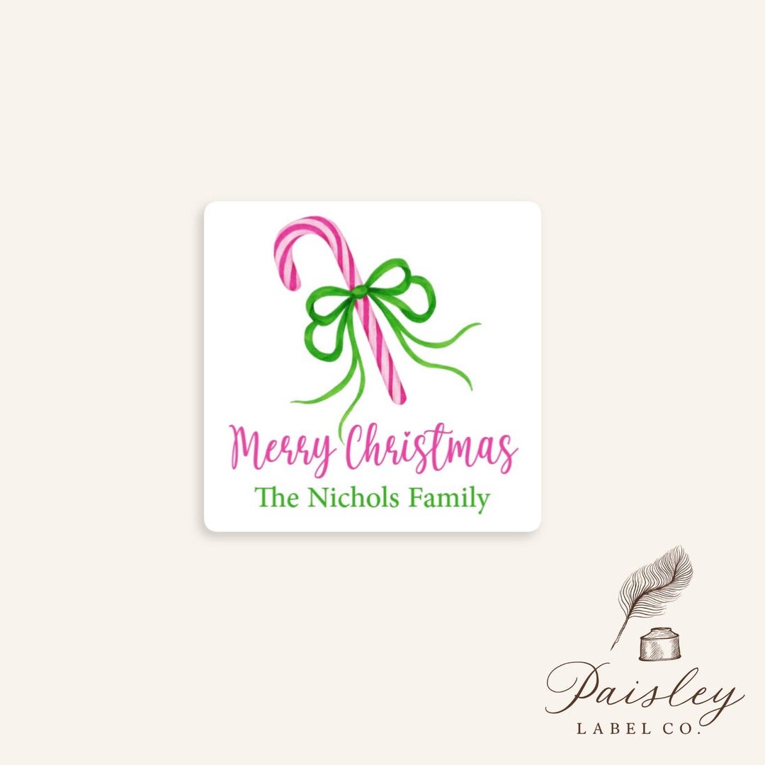 Personalized Preppy Watercolor Candy Cane Bow Christmas Gift Holiday ...