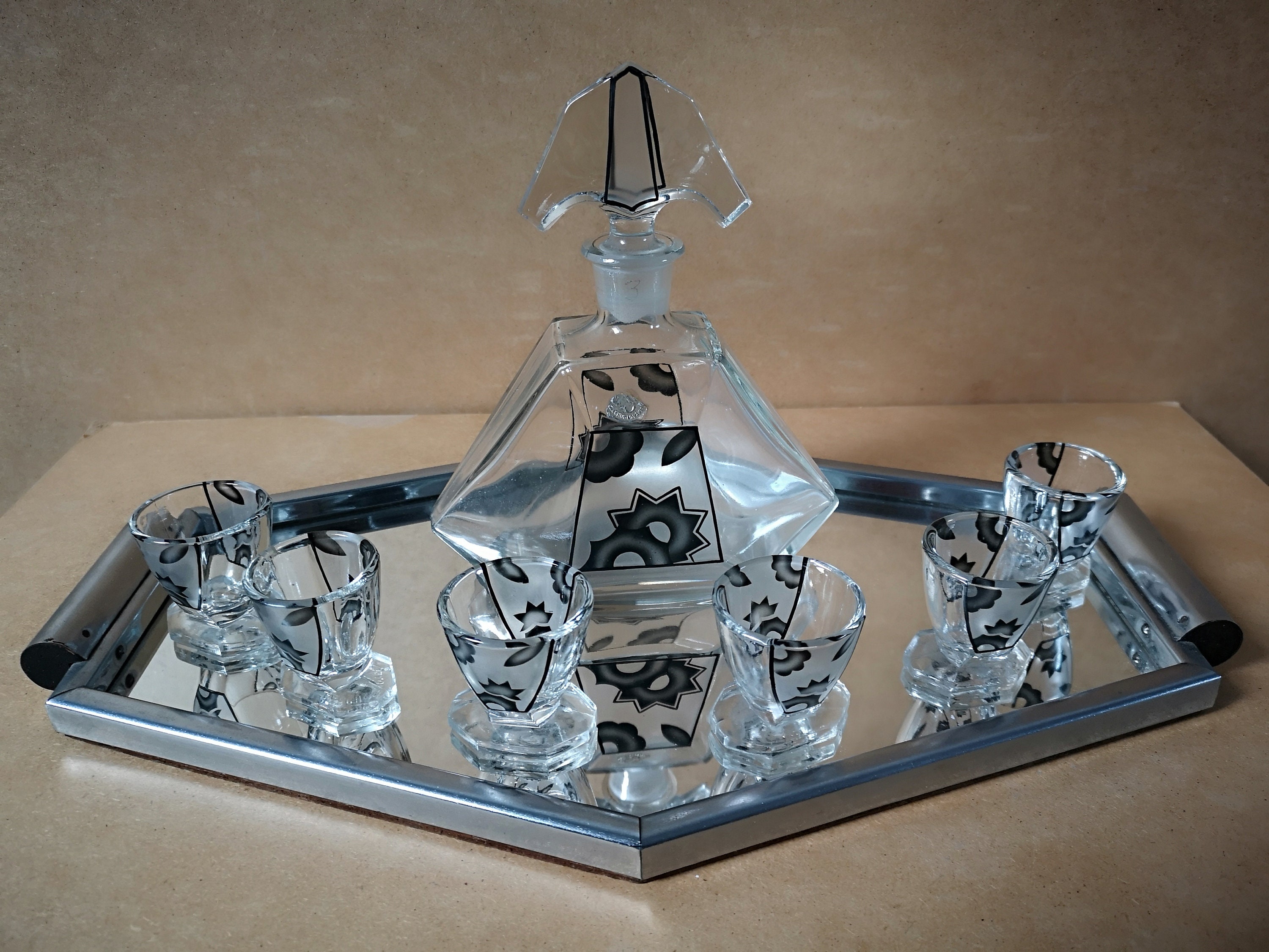 Liquor Set Bohemia/bottle /6 Shot Glass/tray Mirror /cut /art Deco ...