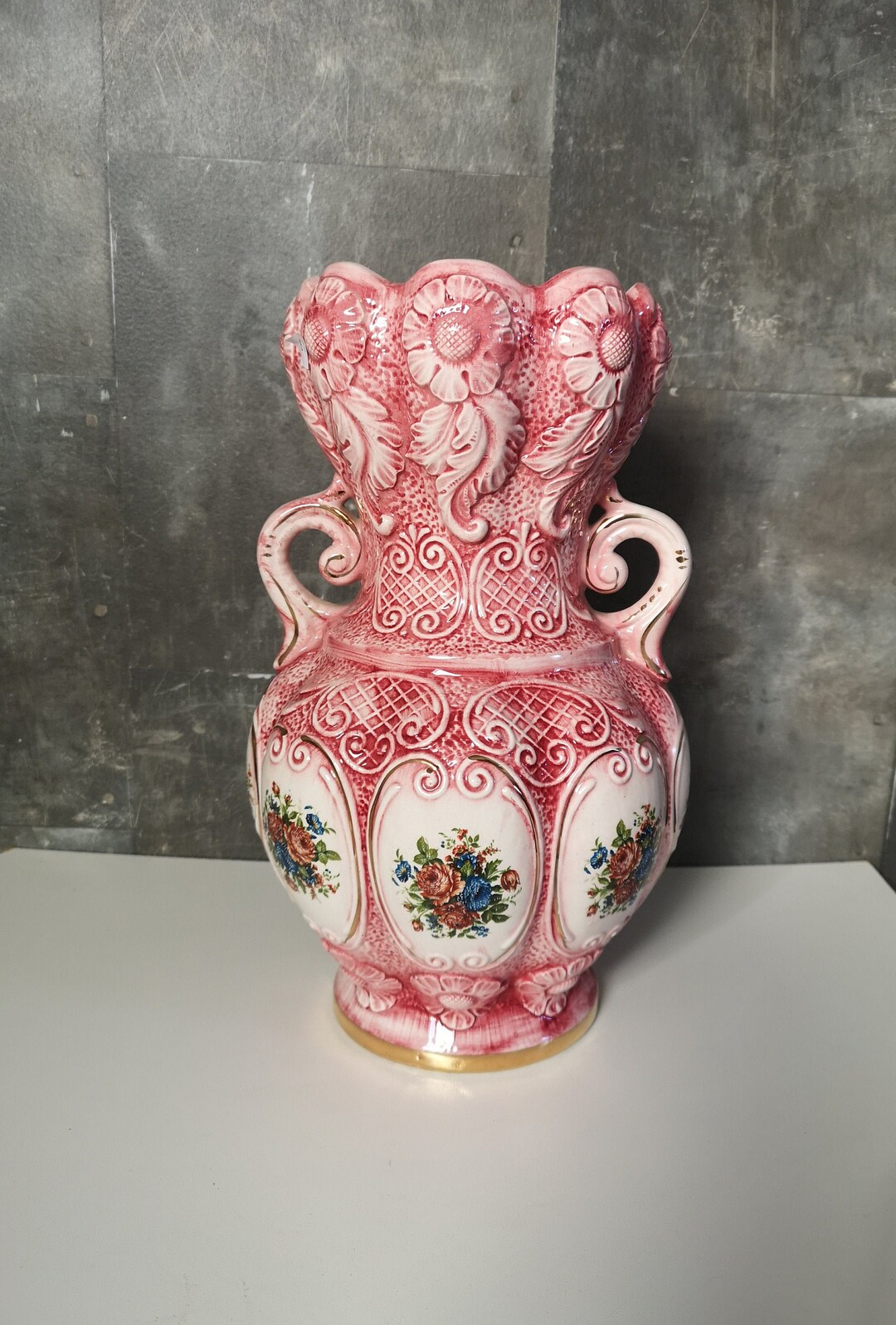 Italian Pink Vase - Porcelain - Relief of Pink Flowers Motif - With ...