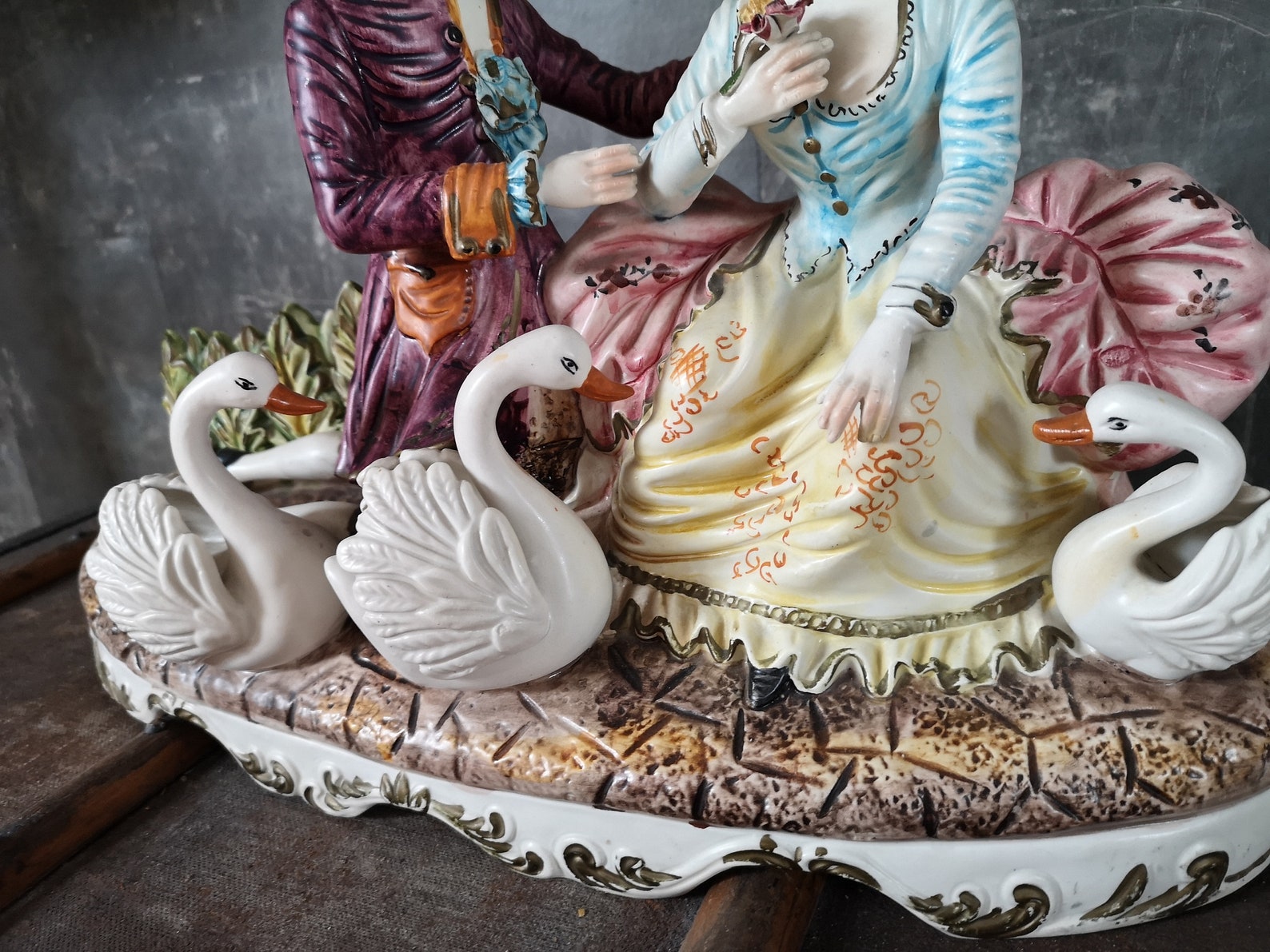 Capodimonte Couple Figure - Couple Lovers Scene - Garden With Swans ...