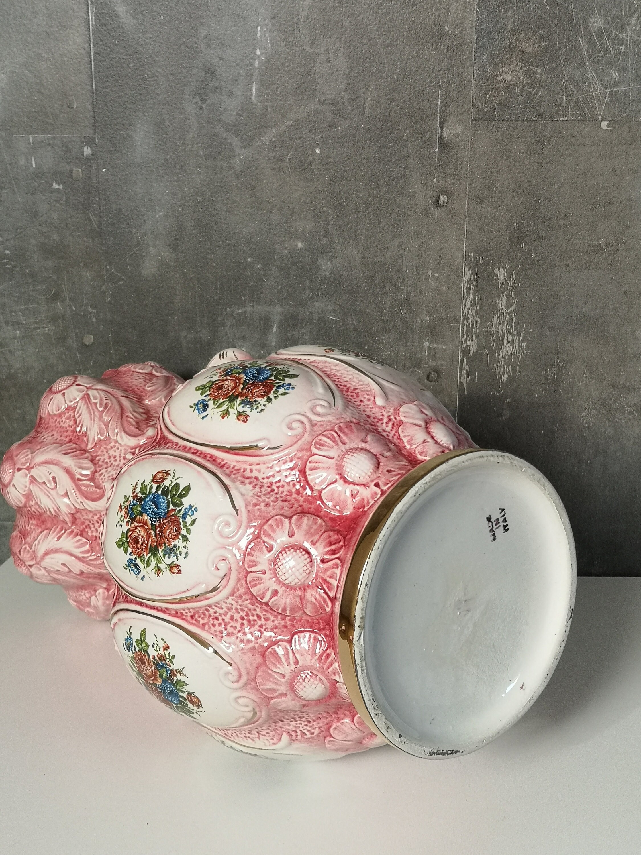 Italian Pink Vase - Porcelain - Relief of Pink Flowers Motif - With ...