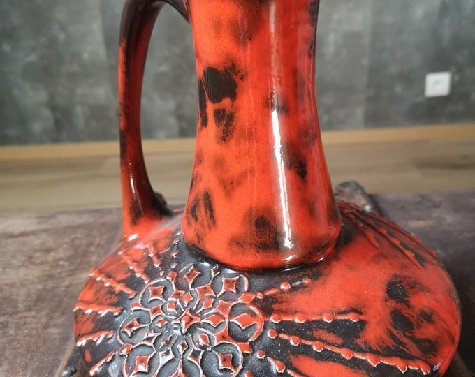 Red Jug Pitcher Pottery West German Foreign 205/22 Vase With Long Neck ...