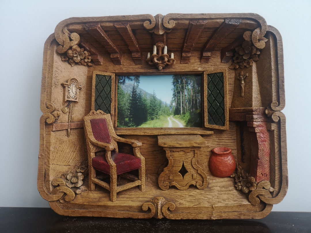 Carved Wooden Diorama Folk Art in Relief Wall Hanging Rural Living Room ...