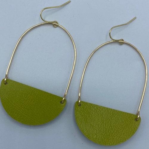 Chartreuse Circle Earrings With Black and White Polka Dot - Etsy