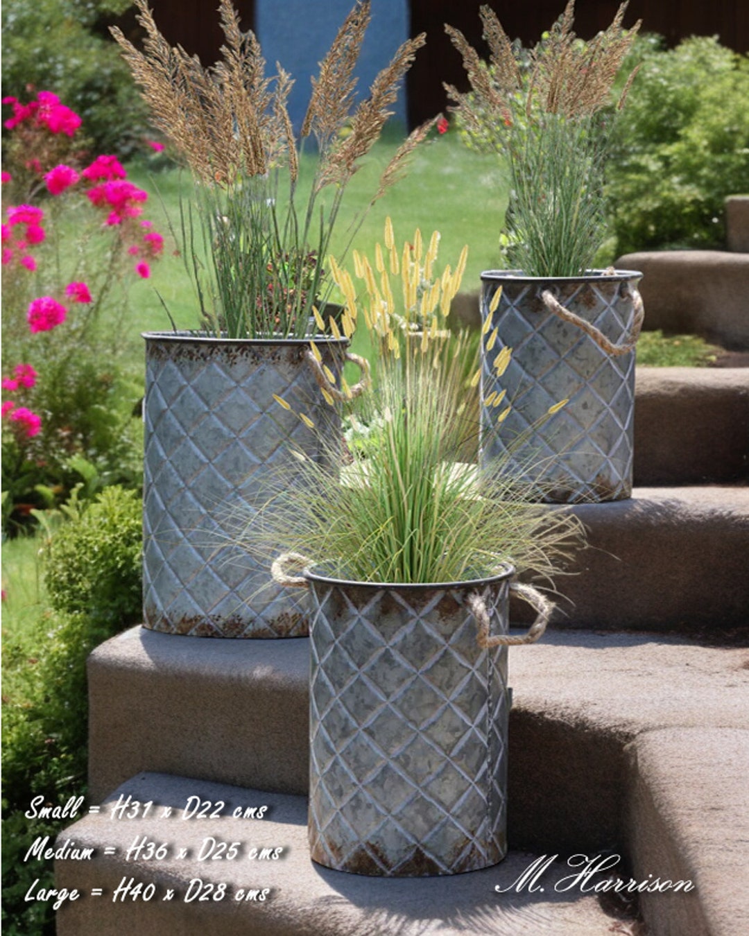 Large Metal Bucket Rope Handles Galvanised Flower Plant Pots Garden ...