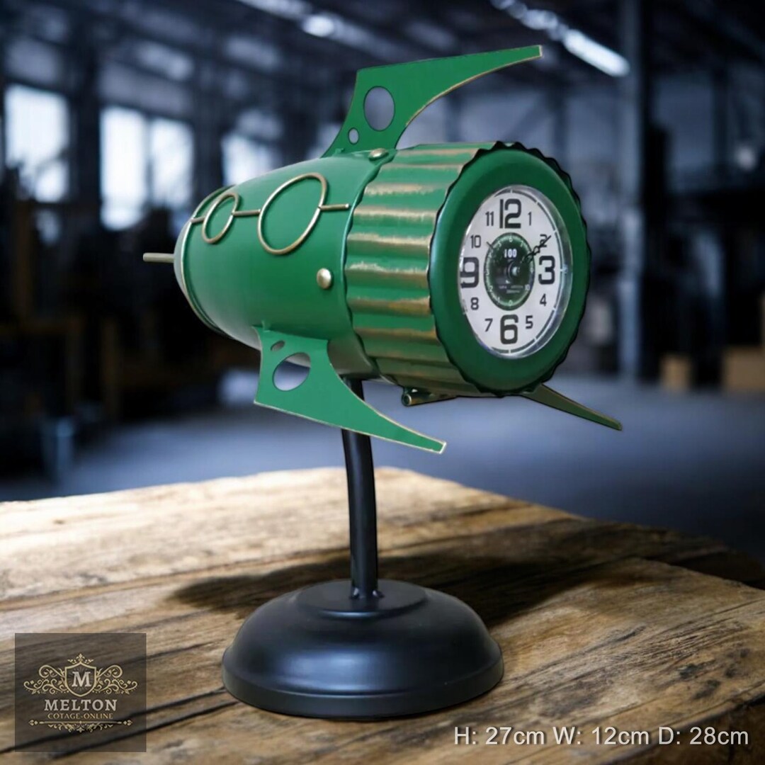 Retro Rocket Green Clock Spaceship Desk Clock Vintage Style Metal ...