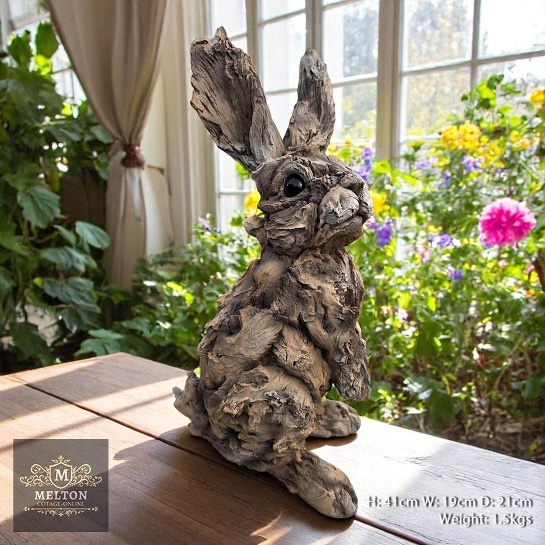 Large 41cm Wood Effect Resin Rabbit Bunny Garden Ornament Outdoor Decor ...