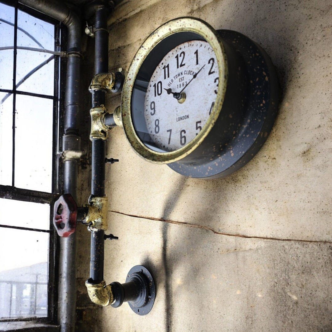 Bold Industrial Pipe Wall Clock Black and Antique Rustic Gold Vintage ...