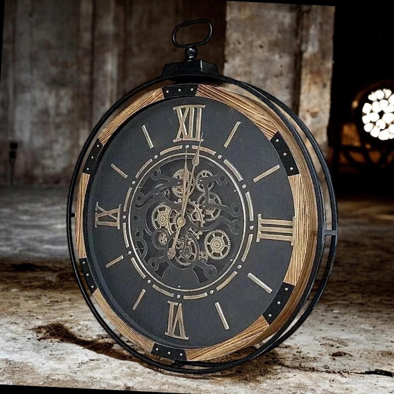 Large Industrial Wood & Metal Wall Clock – Real Moving Gears, Vintage ...