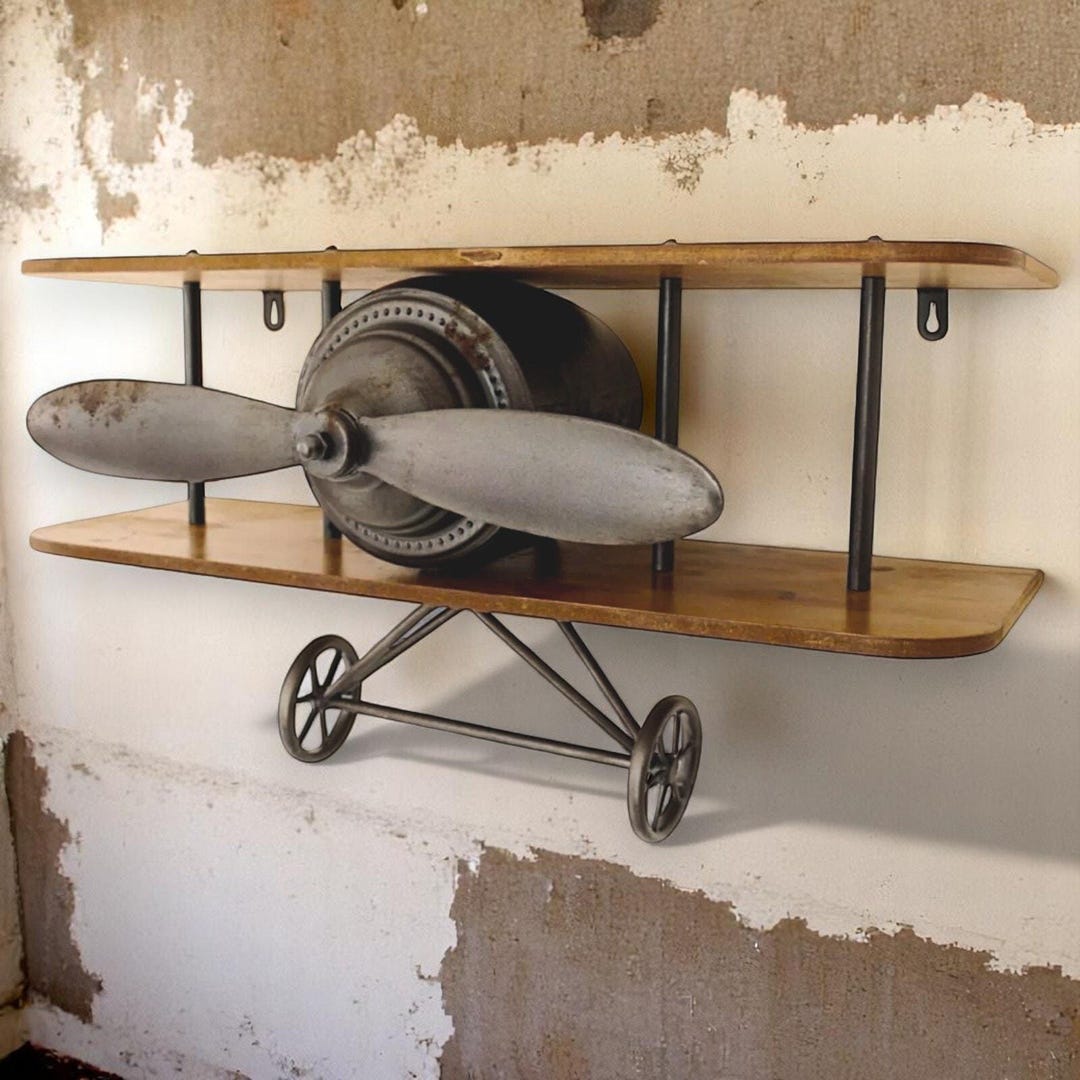 Vintage Style Wooden Metal Aeroplane Shelf Aviation Wall Art Decor ...