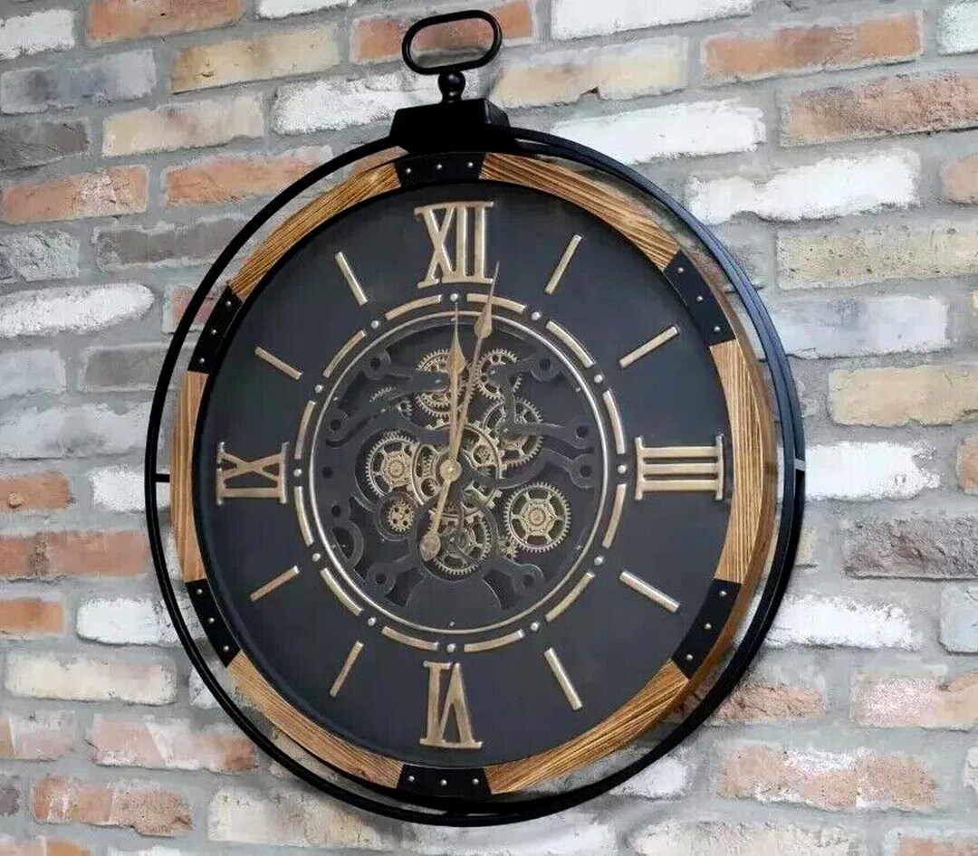 Large Industrial Wood & Metal Wall Clock Real Moving Gears, Vintage ...