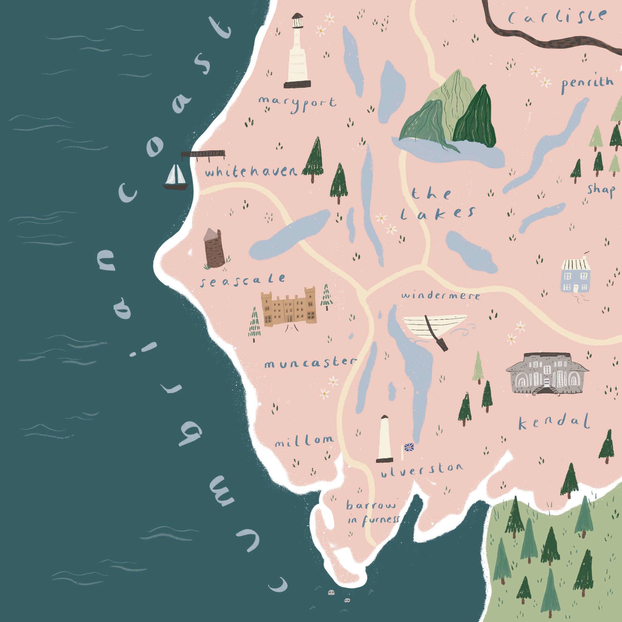 Cumbrian Coast Poster, Map of Cumbria Illustration the Lake District ...